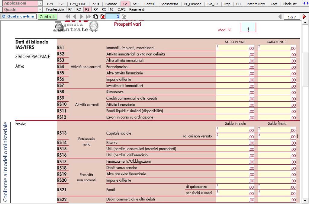 Società di capitali - Quadro RS: Prospetti vari